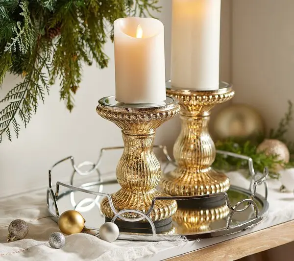 VALERIE PARR HILL As Is Set Of 2 Lit Mercury Glass Pedestals Valerie