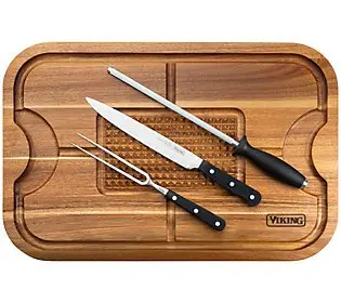 VIKING Oversized Acacia Carving Board W/ 3pc Ca Rving Set