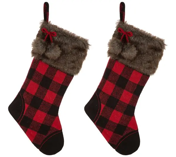 GLITZHOME Setof 2 21' Fauxfur Buffalo Plaid Chr Istmas Stockin