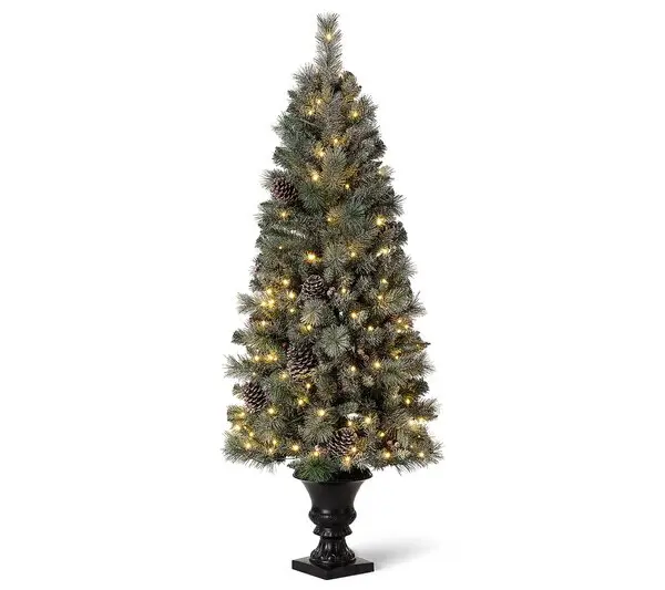 GLITZHOME 5ft Flocked Pine Lighted Faux Christm S Porch Tree