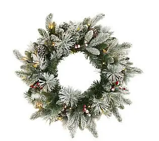 NEARLY NATURAL 20' Lit Flocked Mixed Pine Christmas Wreath Arly Natural