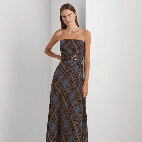 Ralph Lauren Plaid Crinkle Georgette Strapless Gown In Blue Multi - 35% Off  | Editorialist