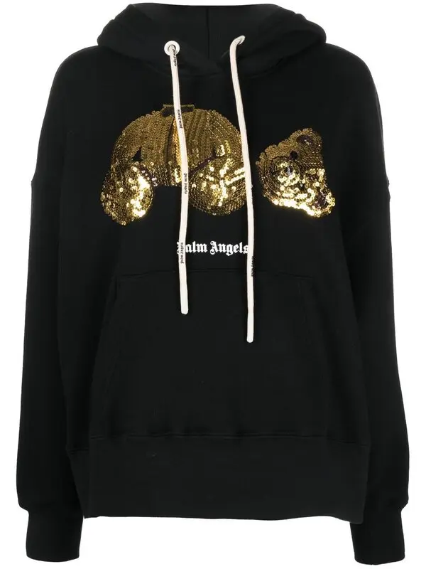 Palm Angels Sequined-bear Oversized Hoodie - Black