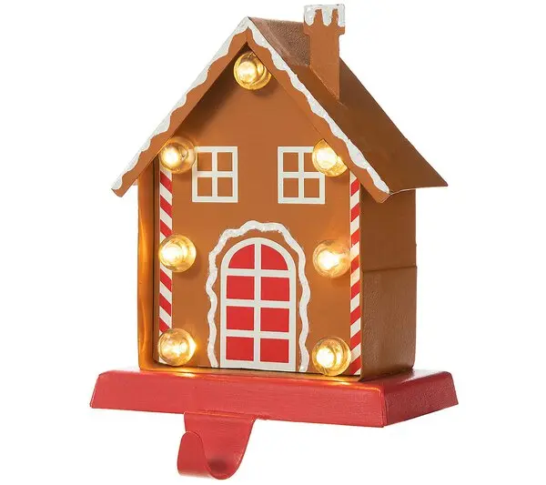 GLITZHOME 6.75'h Led Gingerbread House Xmas Sto Cking Holder