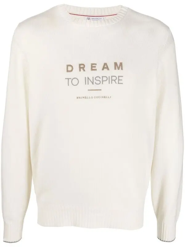 Brunello Cucinelli Cashmere Embroidered-slogan Jumper - Chv08 Panama+grigio Chiaro+grigio+camel