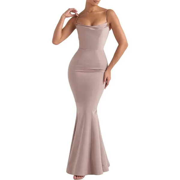 House Of Cb Violette Satin Mermaid Gown - Mushroom