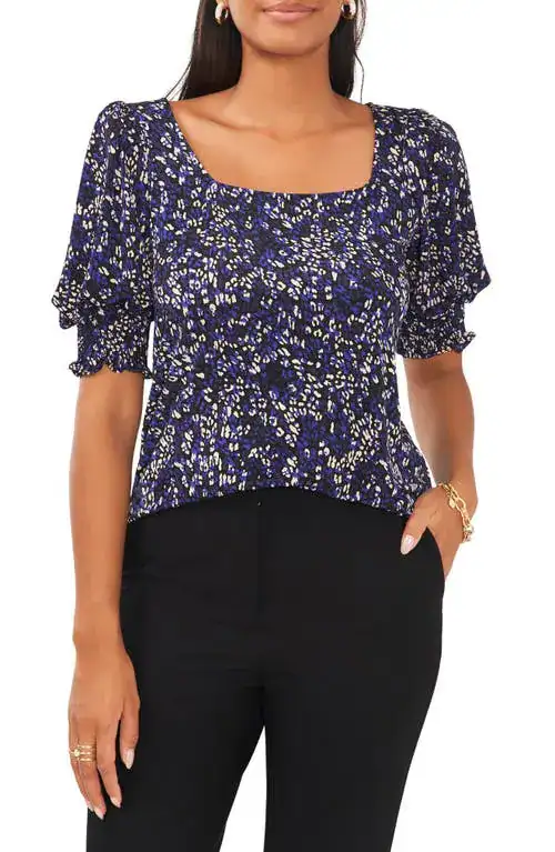 Chaus Leopard Square Neck Blouse Black/ Blue Editorialist