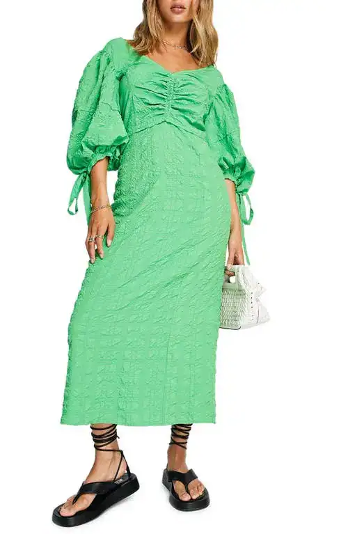 Topshop Puff Sleeve Seersucker Midi Dress In Medium Green - 51% Off |  Editorialist