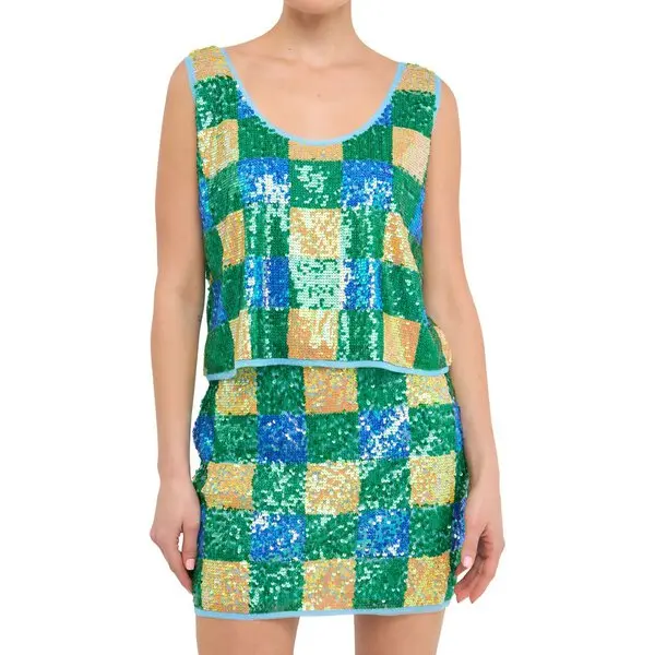 Endless Rose Sequin Check Tank - Blue Multi