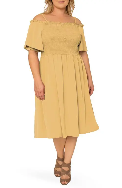 STANDARDS & PRACTICES Gabi Cold Shoulder Smocked Midi Dress