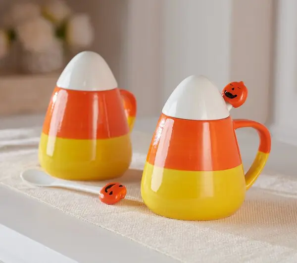 MR. HALLOWEEN Set Of 2 Ceramic Mugs W/ Lids & Spoons