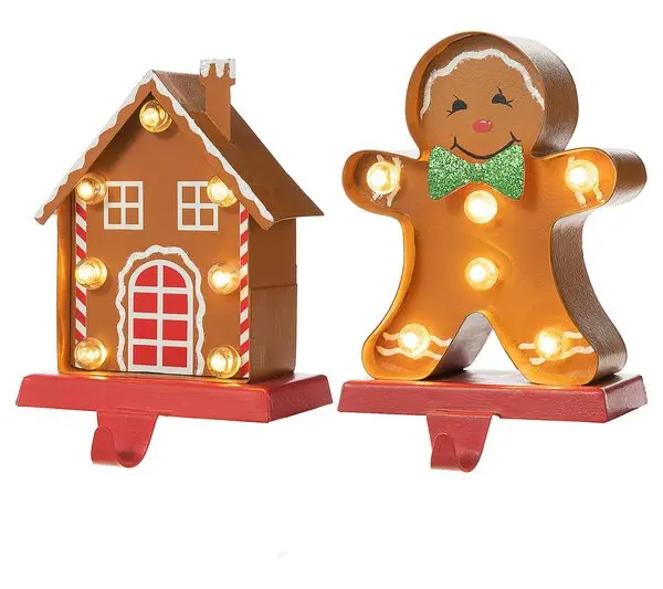 GLITZHOME Led Gingerbread House&man Xmas Stocki Ng Holder S/2