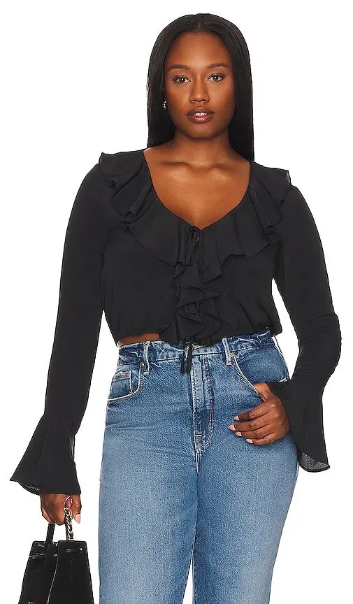 MORE TO COME Denise Ruffle Tie Top - Black