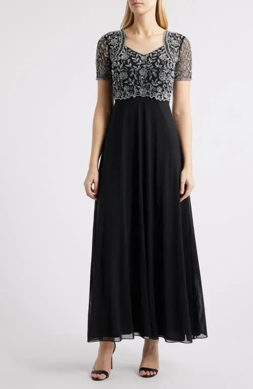 Pisarro Nights Beaded Bodice Gown - Black/ Silver 013
