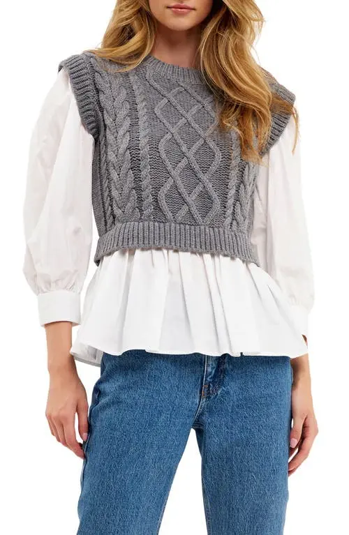English Factory Mixed Media Cable Knit Sweater - Heather Grey/white