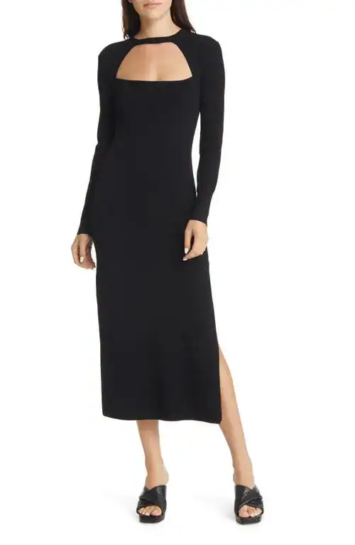 Moon River Cutout Long Sleeve Midi Sweater Dress - Black | Editorialist