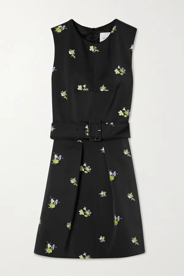 Patou Devin Belted Embroidered Recycled Duchesse-Satin Mini Dress In Black  - 70% Off | Editorialist