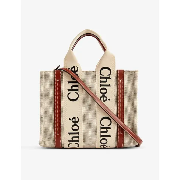 Chloé Woody Small Linen Cross-body Bag - White - Brown 1
