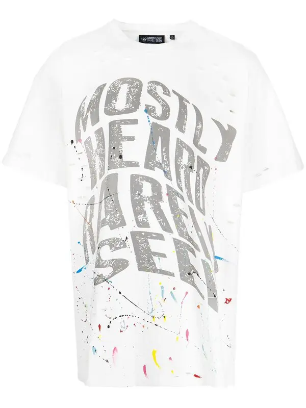 MOSTLY HEARD RARELY SEEN Warped-text Paint T-shirt - White