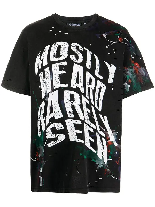 MOSTLY HEARD RARELY SEEN Warped-text Paint T-shirt - Black