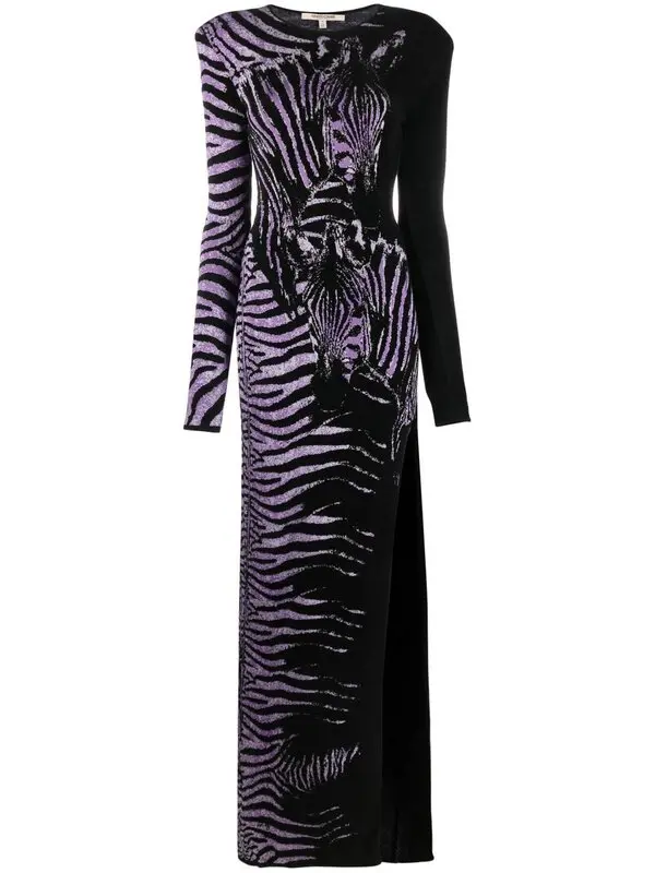 Roberto Cavalli Zebra Jacquard Side Slit Gown
