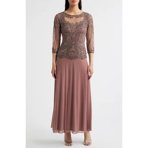 Pisarro Nights Beaded Mesh Two-piece Gown - Mauve 661