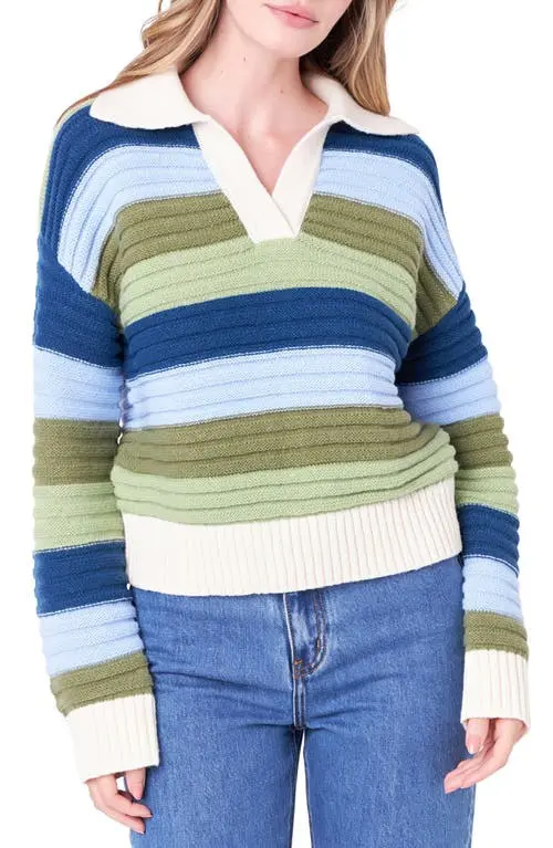 English Factory Rainbow Stripe Polo Sweater - Green Multi