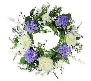 NORTHLIGHT Peony & Assorted Foliage Wreath Pur Ple & Cream