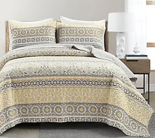 LUSH DECOR Nesco Stripe Reversible Cotton Quilt Yellow/gra 3pc Set King
