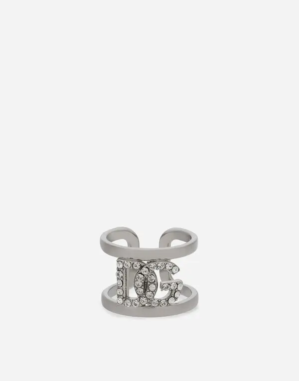 Dolce & Gabbana Ring With Rhinestone-detailed Logo - Silver