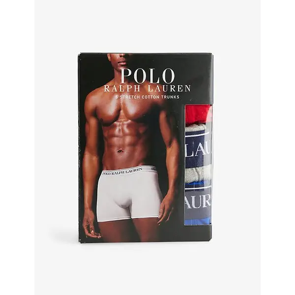 Ralph Lauren Pack Of Five Branded-waistband Stretch-cotton Trunks - Rd/gry/ryl/blu/nvy