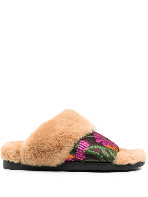 La DoubleJ Faux-fur Floral Slides - Neutrals