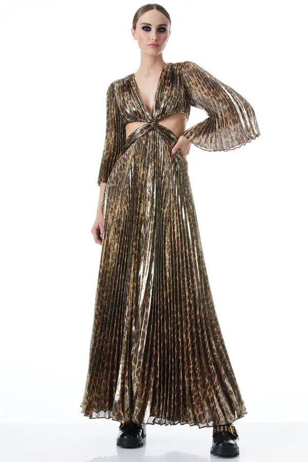 white christmas dresses METALLIC PLISSE CUT OUT GOWN – PatBO main image 1