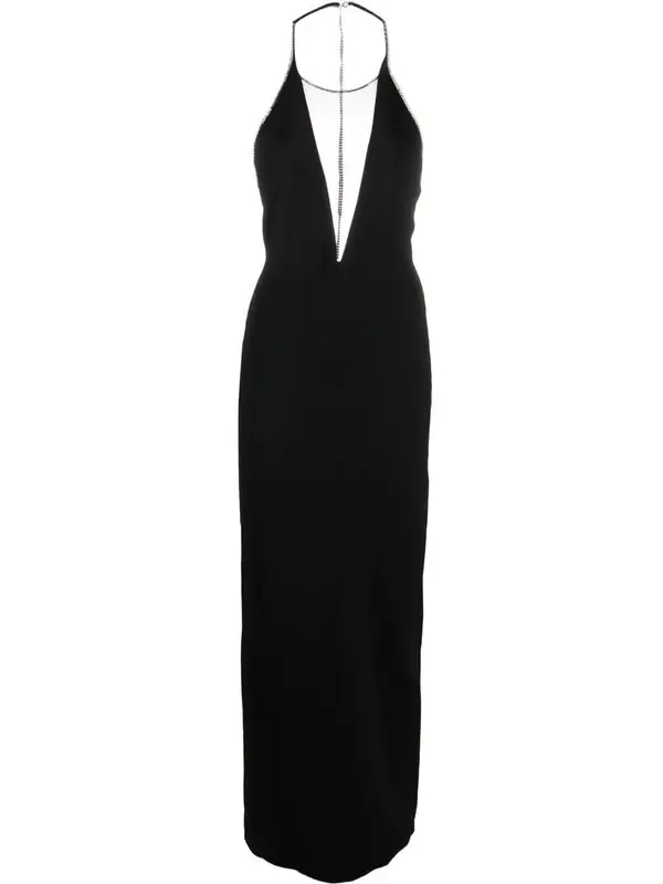 Galvan Plunge Sheer-panel Halterneck Gown