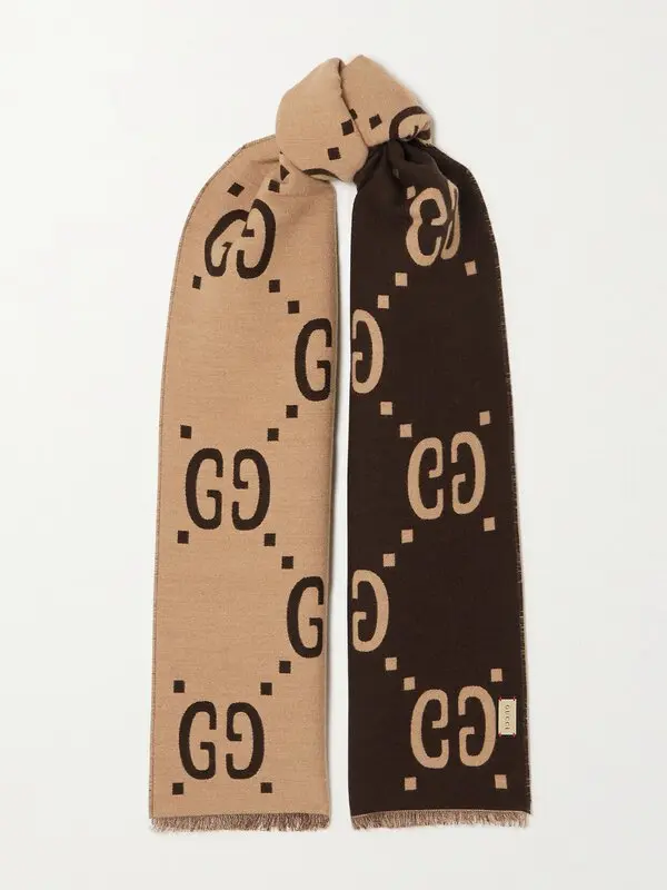 Gucci Fringed Wool And Silk-blend Jacquard Scarf - Neutrals