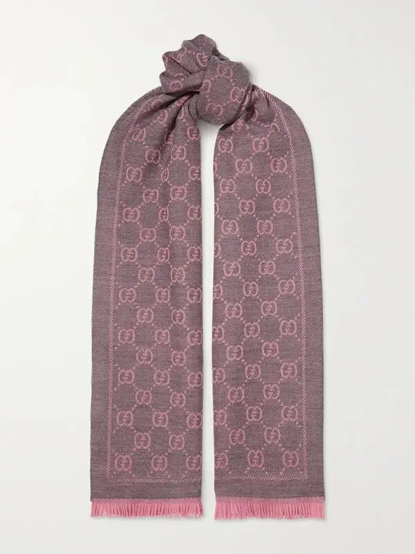 Gucci Net Sustain Sten Reversible Fringed Organic Wool-jacquard Scarf - Pink
