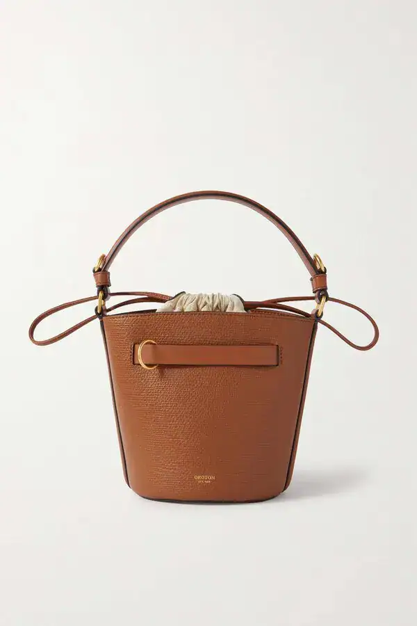 Oroton Audrey Textured-Leather Bucket Bag Tan Editorialist