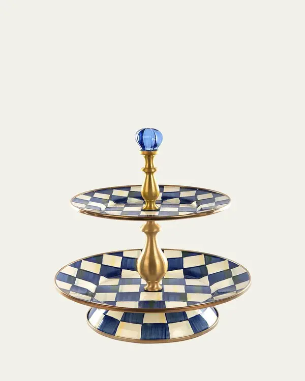MACKENZIE-CHILDS Royal Check 2-tier Sweet Stand - Blue/white