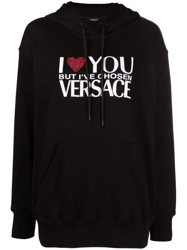 Versace Crystal-embellished Slogan Hoodie - Black