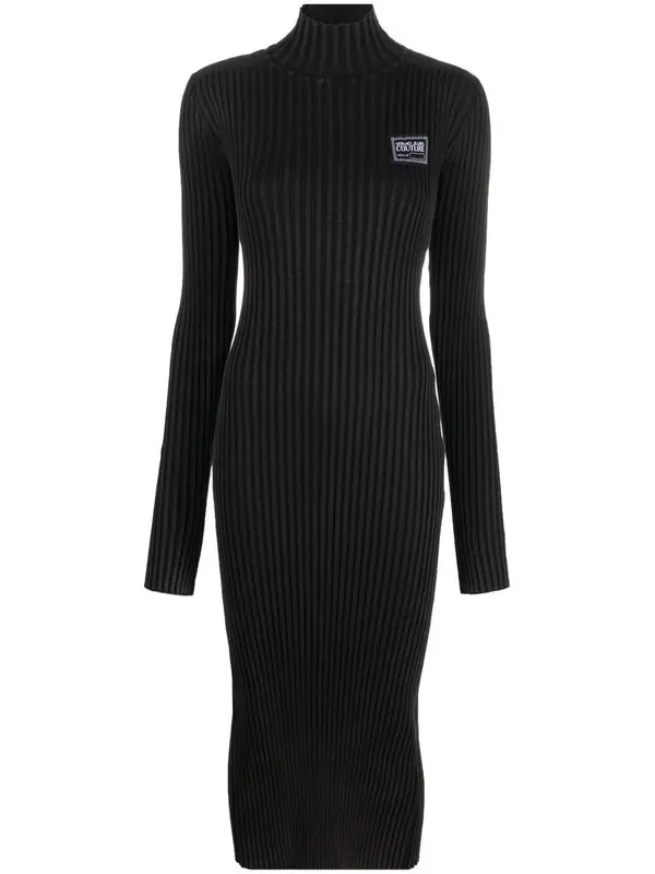 Versace Logo Patch Ribbed Knit Midi Dress - Black