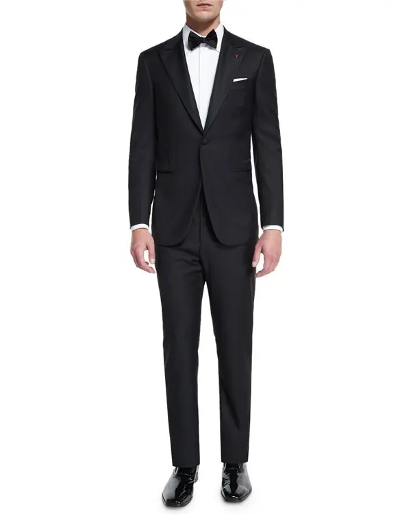 Isaia Satin Peak-lapel One-button Wool Tuxedo - Black