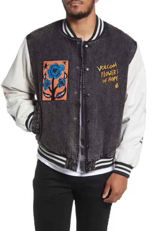 Volcom Fa Bob Mollema Appliqué Cotton Denim Varsity Jacket In 