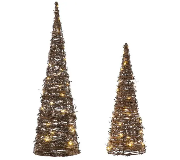 GLITZHOME Lighted Rattan Christmas Table Tree Decor S/2