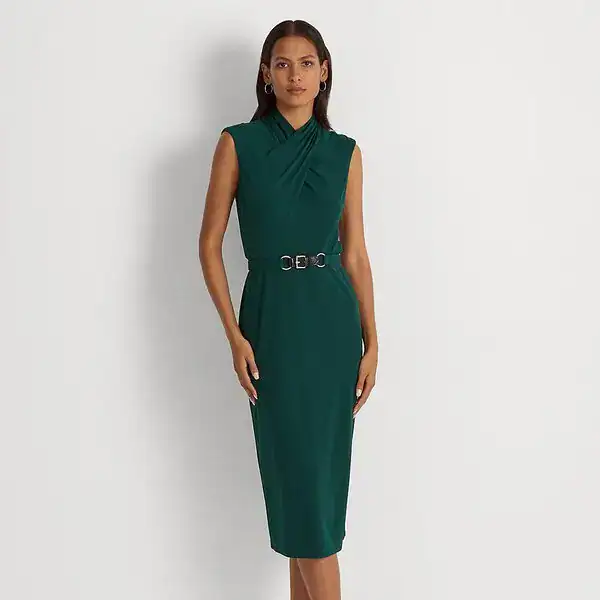 Ralph Lauren Belted Jersey Mockneck Dress In Hunt Club Green - 34% Off