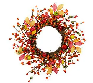 NORTHLIGHT Berries&apples Foliage Twig Thanksgi Ving Wreath 18 - One-color