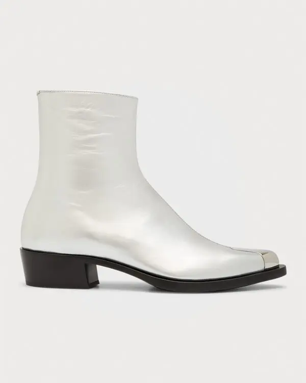 Buy Alexander McQueen Metal Point Toe Leather Zip Booties - Silver At ...
