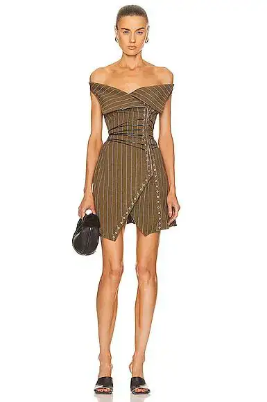 Miaou Celestial Dress In Green In Olive Pinstripe - 30% Off | Editorialist
