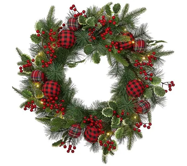 GLITZHOME 24' Ornaments Berry Holly And Pine Li Ghted Wreath