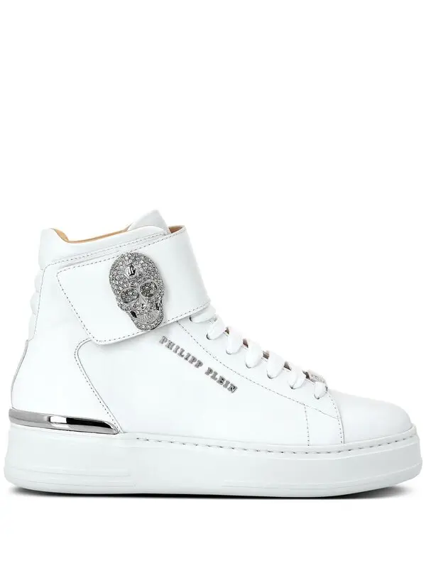 Philipp Plein Crystal-Skull High-Top Sneakers In '01 White' 70