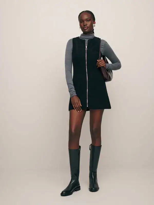 corduroy mini dress black Black Tiered Long Sleeve Corduroy Mini Dress main image 1